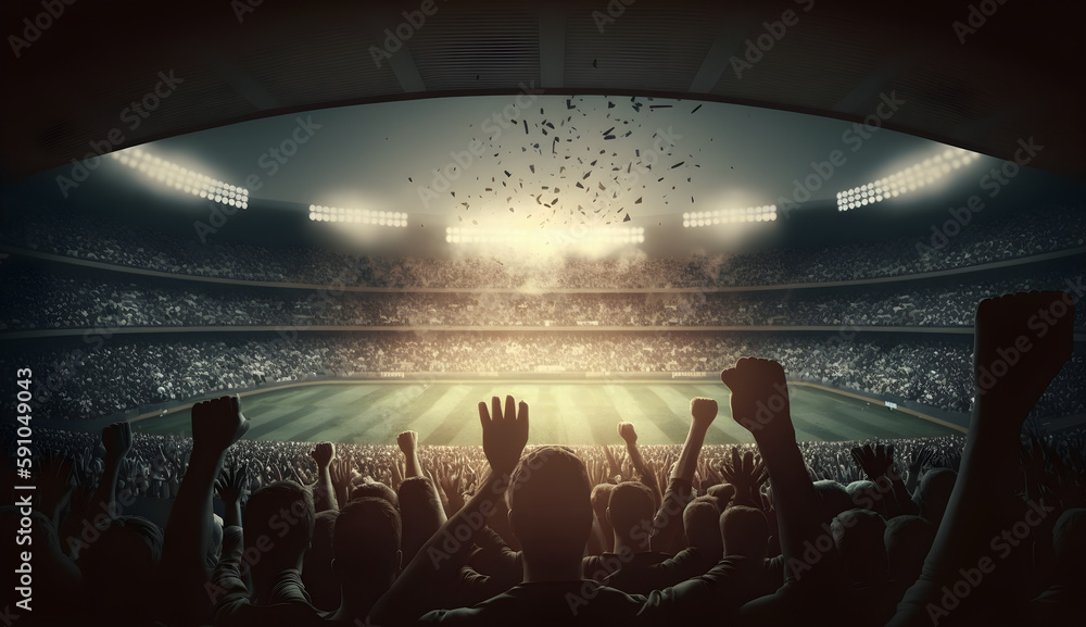 Football stadium spot view and cheering fans on background for sport ...