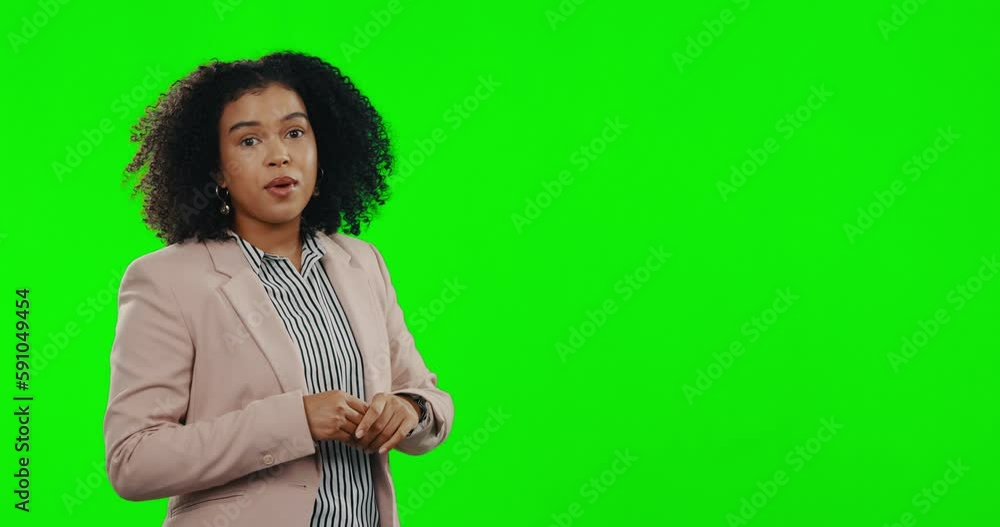 Broadcast, face and a woman with news on a green screen isolated on a ...