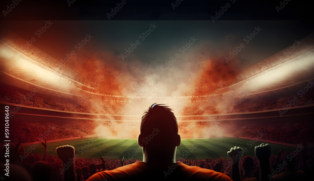 Football stadium spot view and cheering fans on background for sport ...