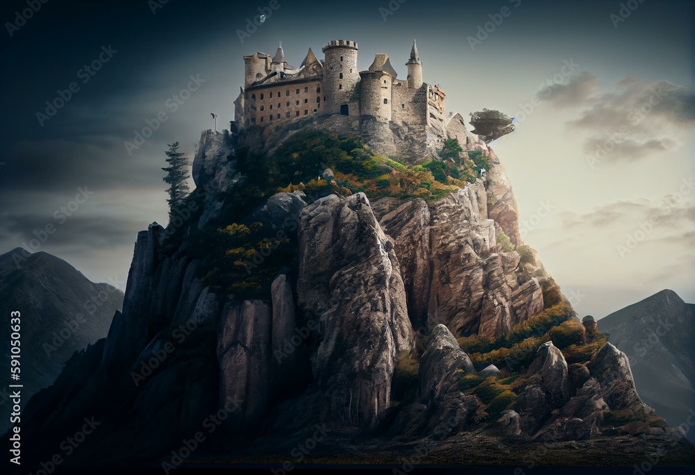 Epic fantasy landscape with a large medieval castle fort on top of a ...