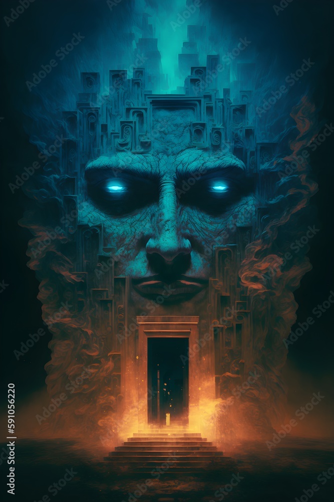 human face as a labyrinth temple building neon details smoke intricate ...