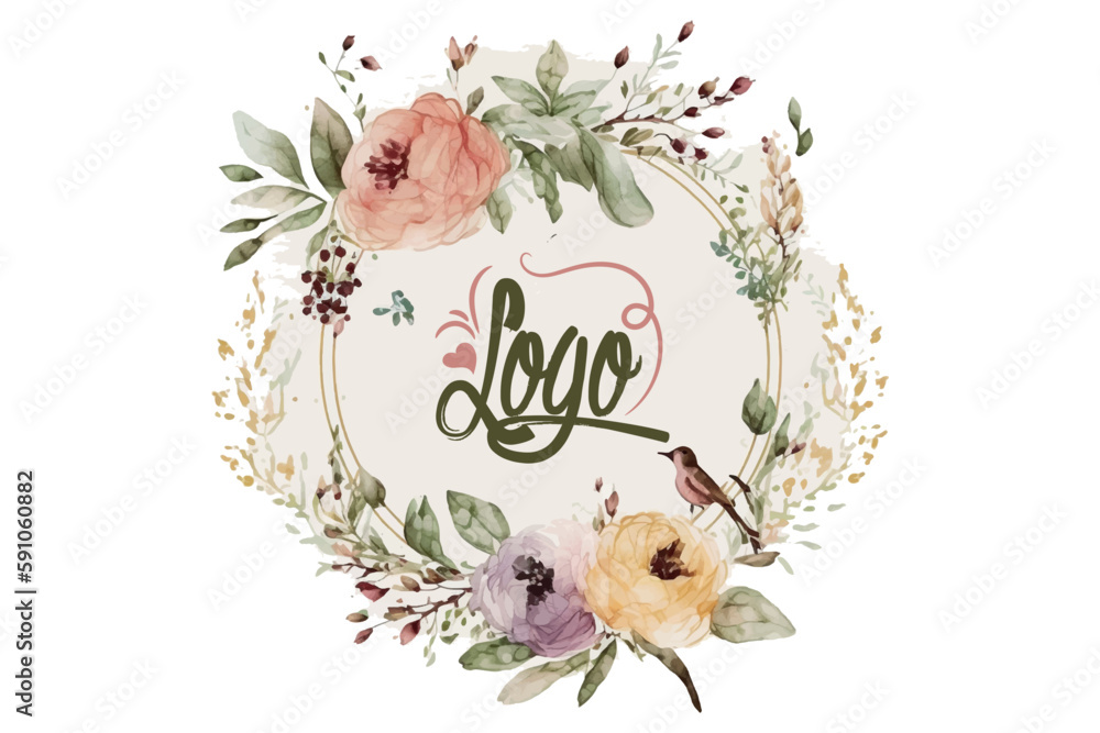 Watercolor Floral Logo, Round Floral Logo, modern Watercolor Logo, Logo ...