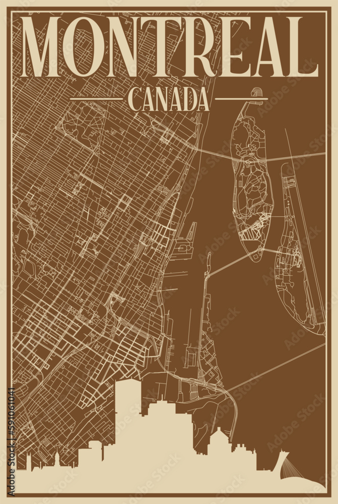 Colorful hand-drawn framed poster of the downtown MONTREAL, CANADA with ...
