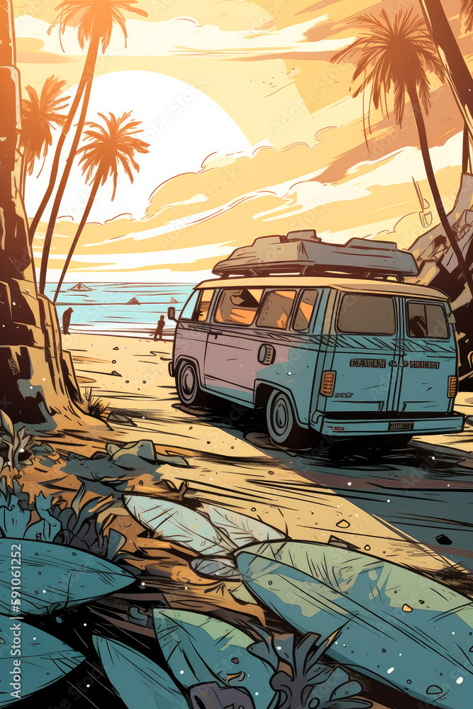 Poster or cover sandy parking lot, Van Life theme, old rv, motorhome ...