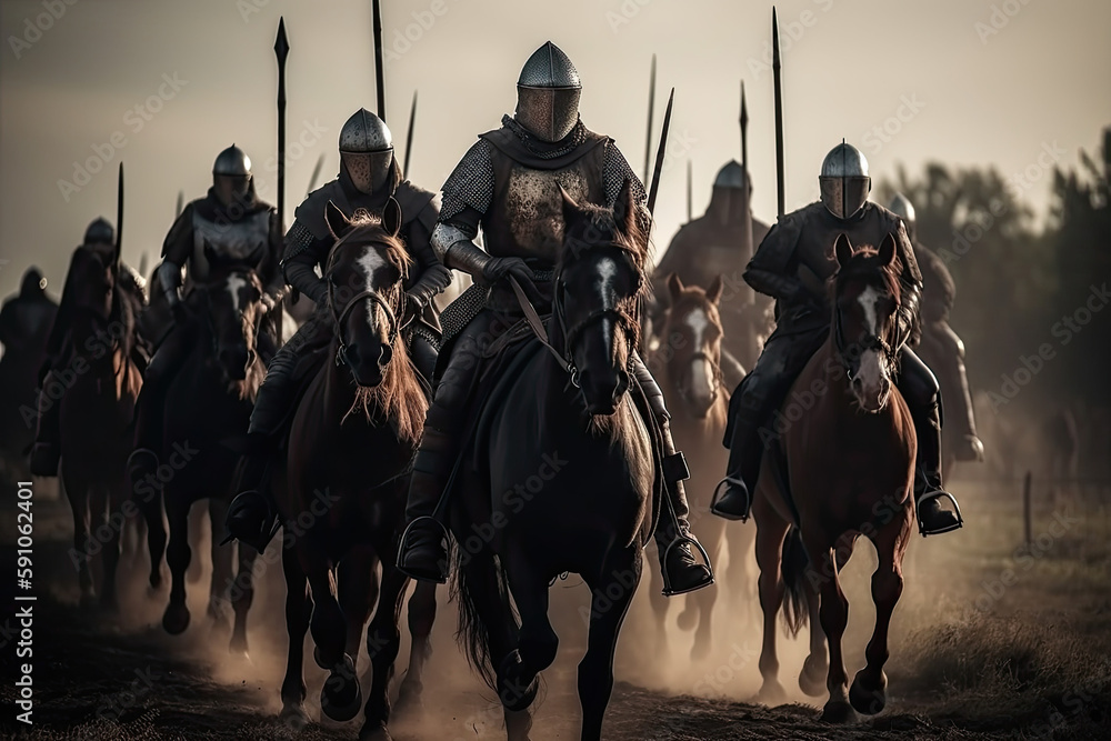 Historic medieval battle recreation with cinematic lighting, soldiers ...