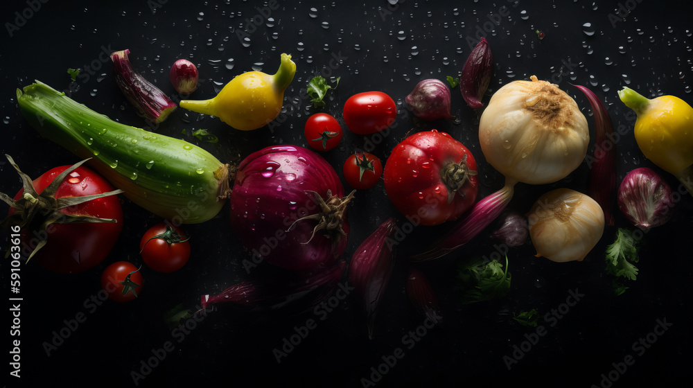 Vegetables, transparent background, visible water drops, top angle ...