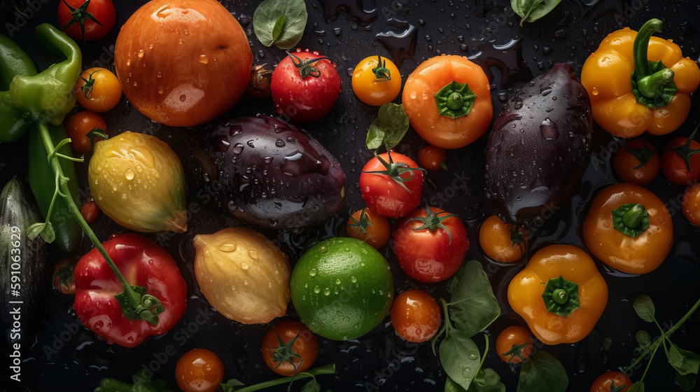 Vegetables, transparent background, visible water drops, top angle ...