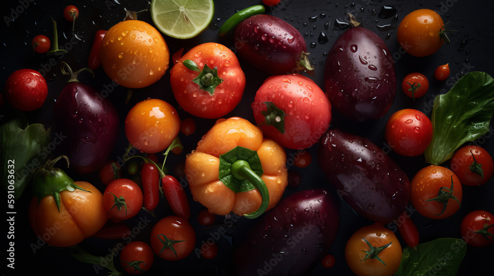 Vegetables, transparent background, visible water drops, top angle ...