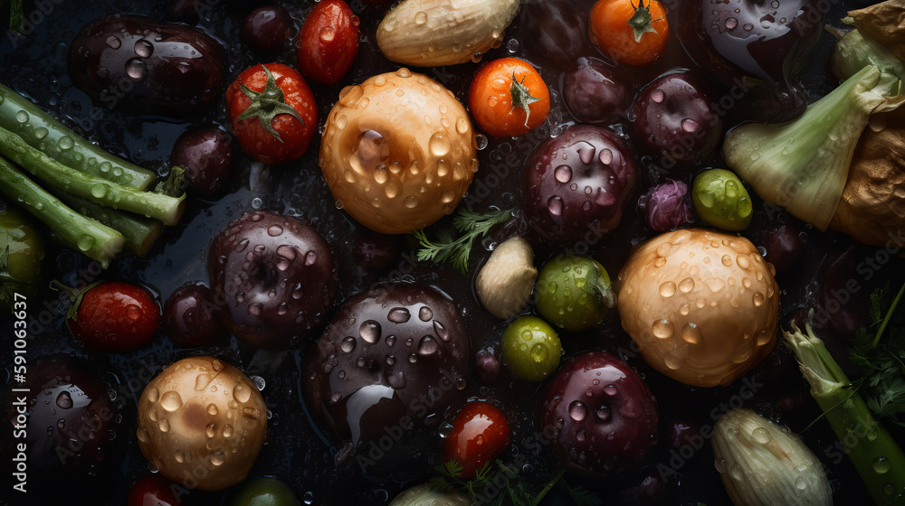 Vegetables, transparent background, visible water drops, top angle ...