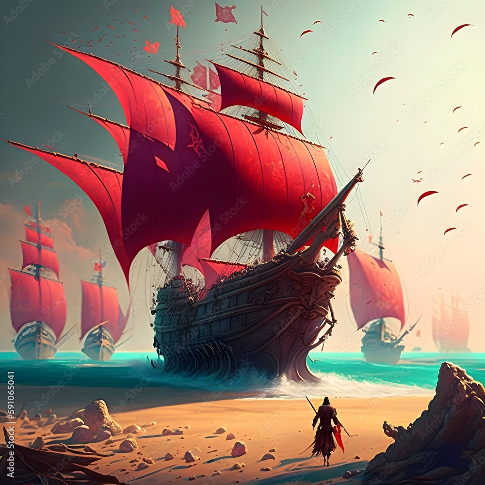medieval fantasy ships landing on a beach extremely detailed red sails ...