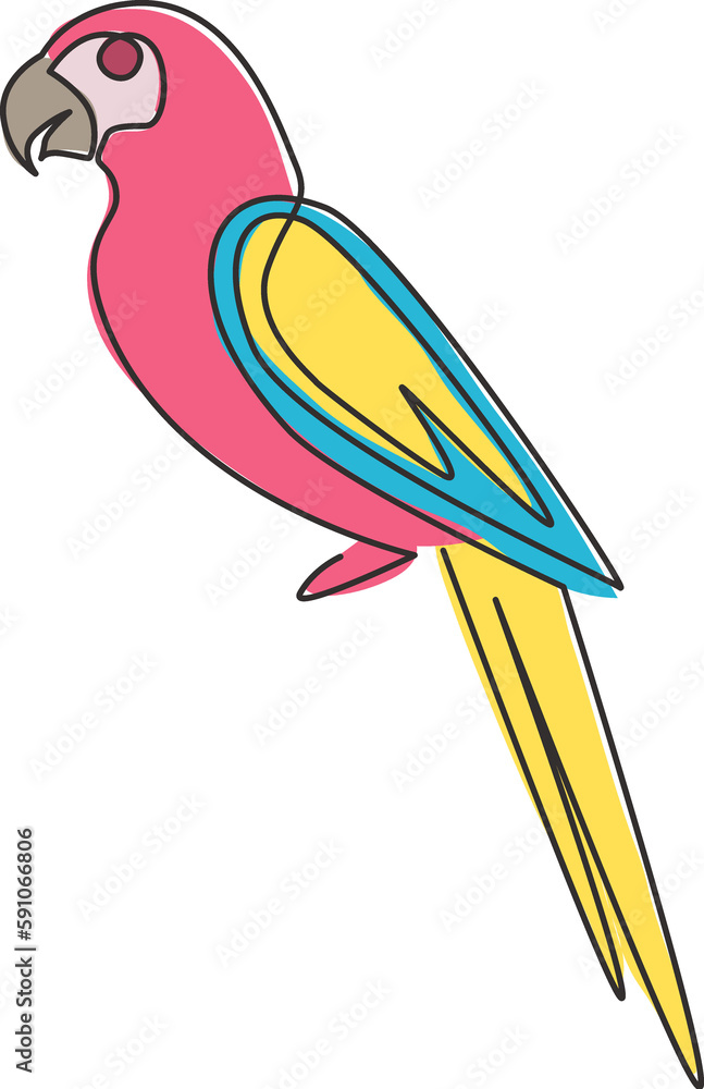 One continuous line drawing of cute parrot bird with long tail for logo ...