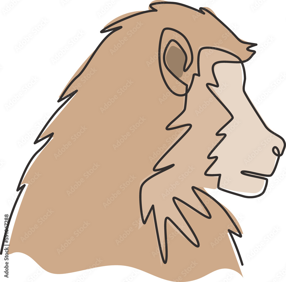 One continuous line drawing of baboon head for conservation jungle logo ...