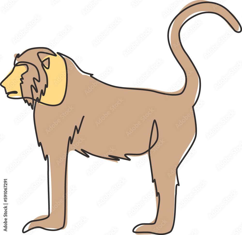 Single continuous line drawing of walking baboon for national zoo logo ...