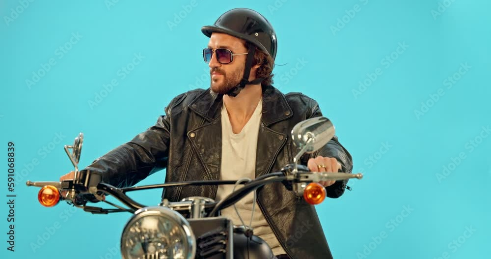 Video Stock Travel motorcycle, studio and man on a ride adventure with ...