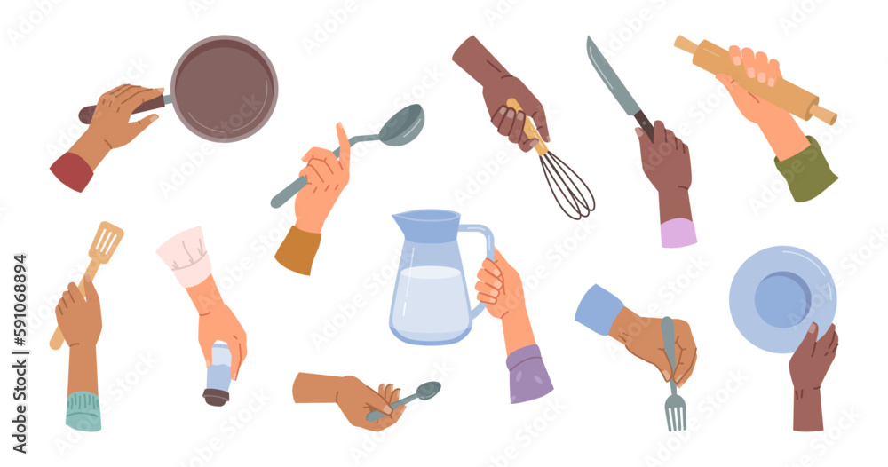 Preparing dishes and cooking meal, isolated hands with kitchenware and ...