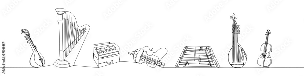 String musical instruments set one line art. Continuous line drawing of ...