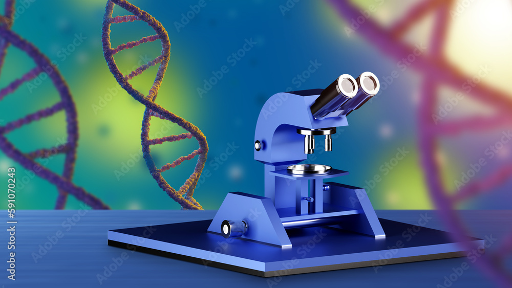 DNA research. Scientific microscope. Study of human genome. DNA helix ...
