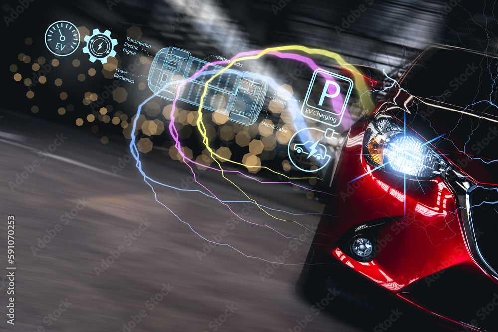 EV Car 2023 technology background tech EV charging station for electric ...