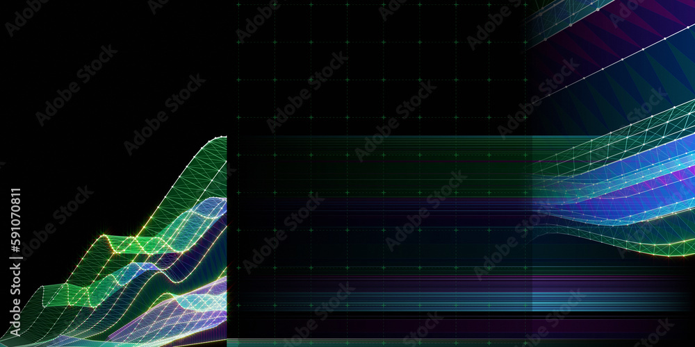 Abstract background graph curved grid and blurred lines on dark. Technology graph with data in ...