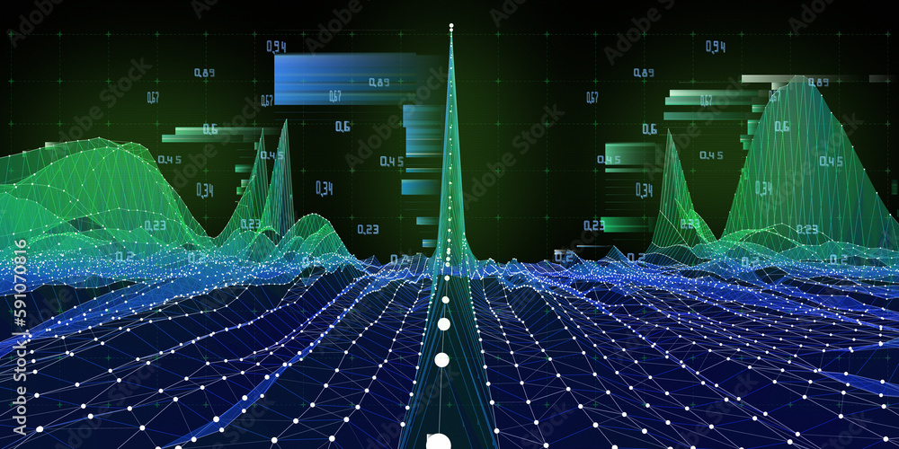 Abstract background color wavy wireframe and dots with data blurred ...