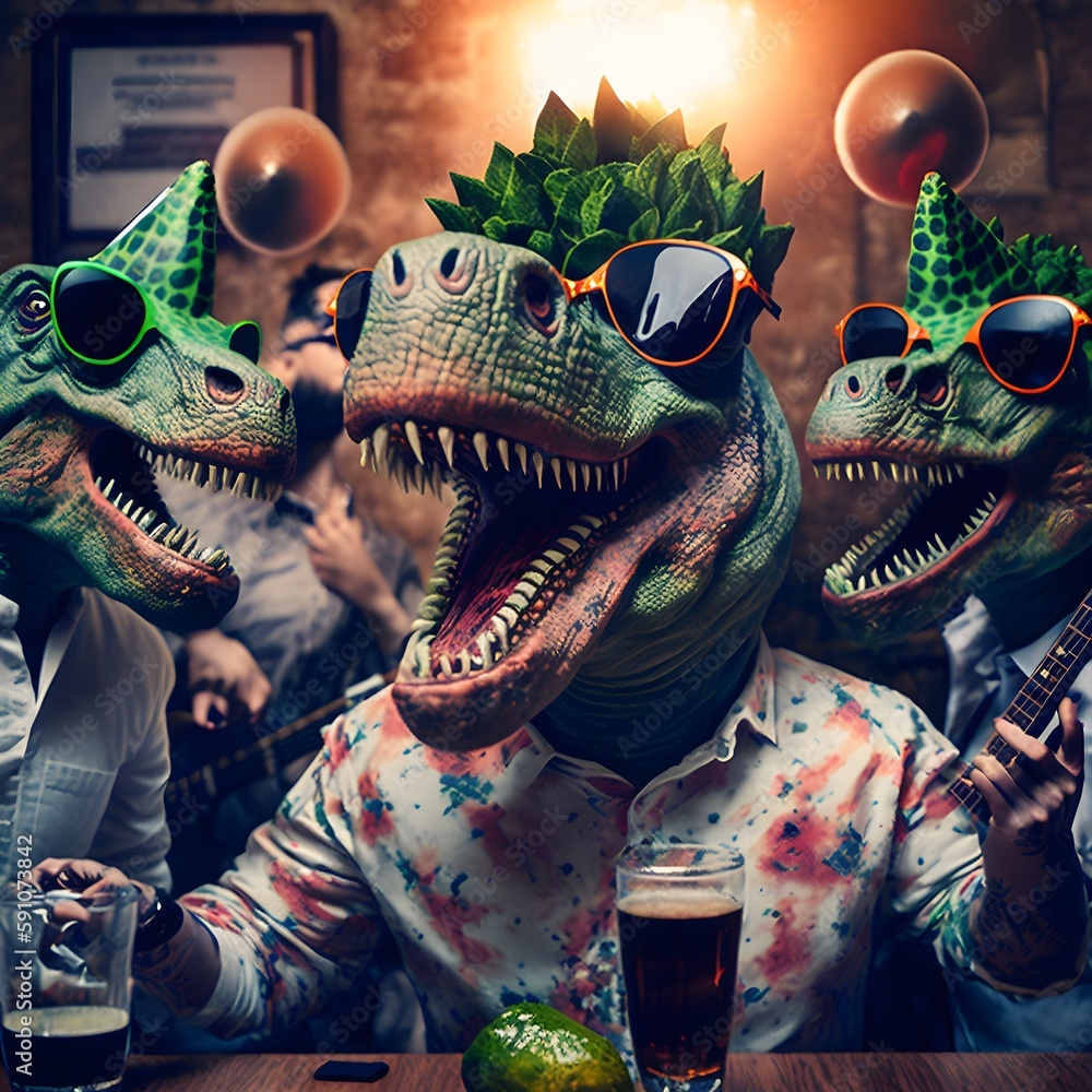 rock band wearing dinosaurs covered object on their facebanquetpartypub ...