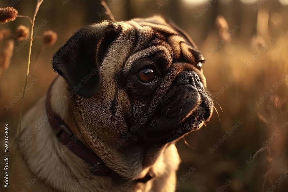Illustration of a pug dog sitting in the middle of a forest at golden ...