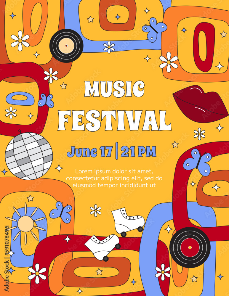 Vector groovy retro music festival invitation template. Disco ball ...
