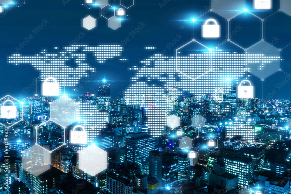 virtual world map network technology icon with skyline building office ...