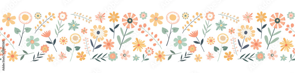 Cartoon pastel floral seamless border pattern. Isolated on white ...