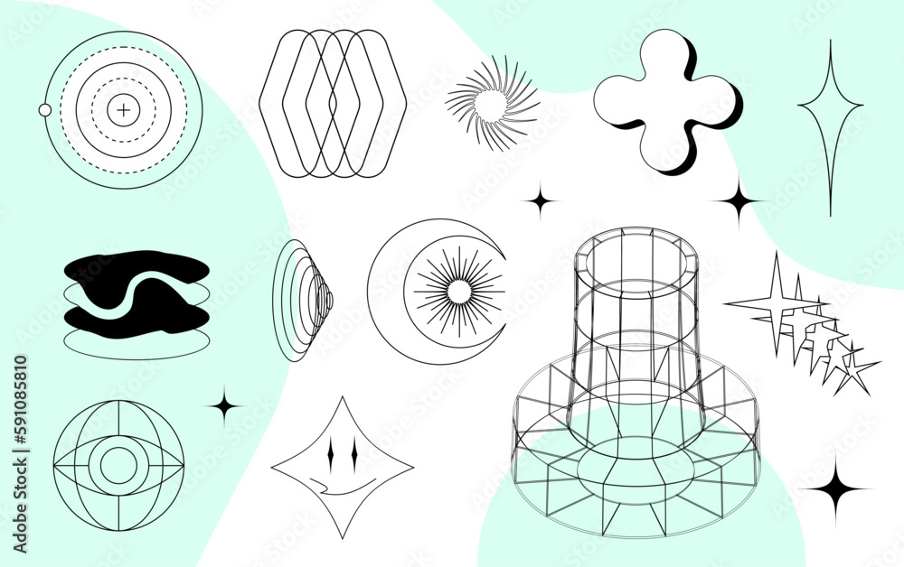 Universal trendy Y2K abstract geometric shapes. Set with random ...