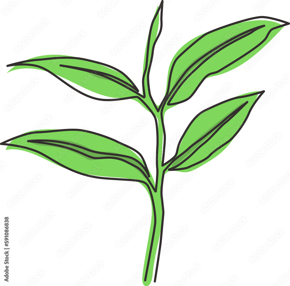 One single line drawing healthy organic tea leaves for plantation logo ...