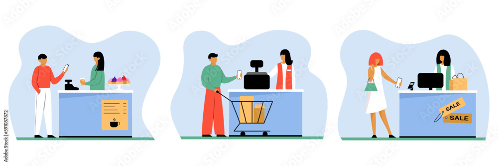 Set of cartoon characters of young people making cashless payments ...