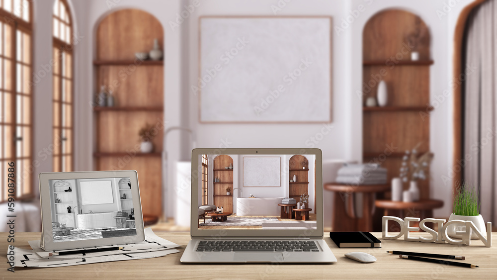 Architect designer desktop concept, laptop and tablet on wooden desk ...