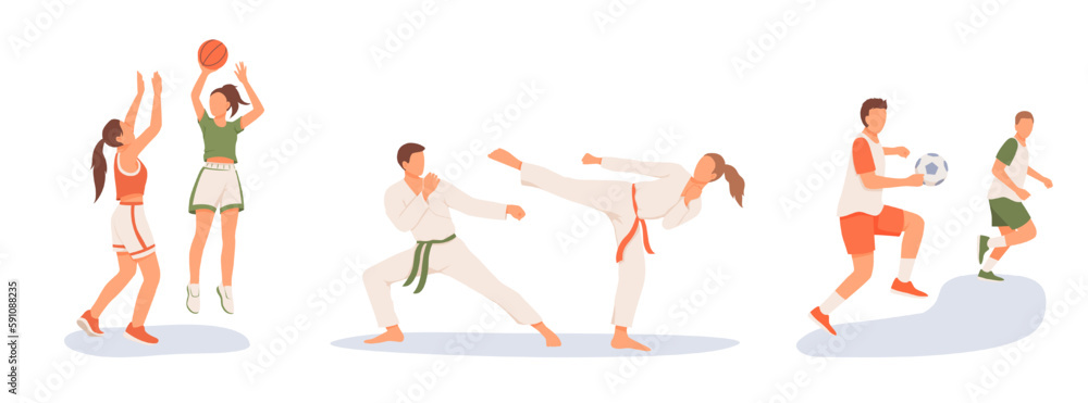 Set of cartoon characters of young athletic people doing different ...