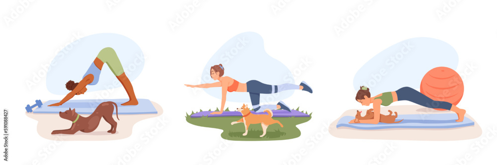 Set of cartoon characters of young people training with their pets ...