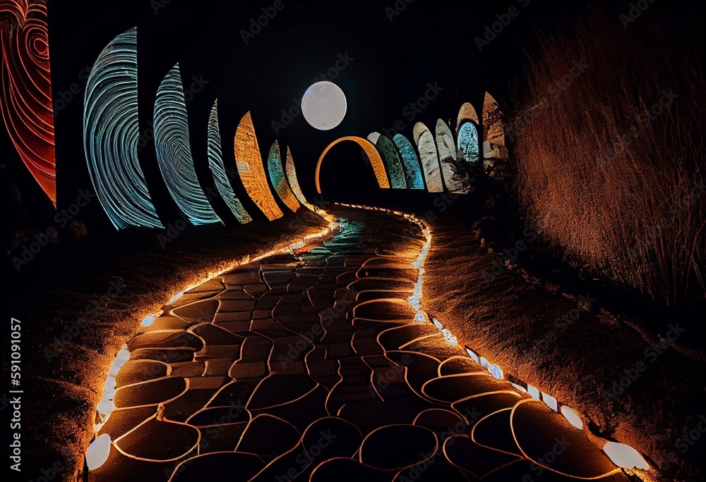 Brightly lit artistic pathway at night - colourful art installation in ...