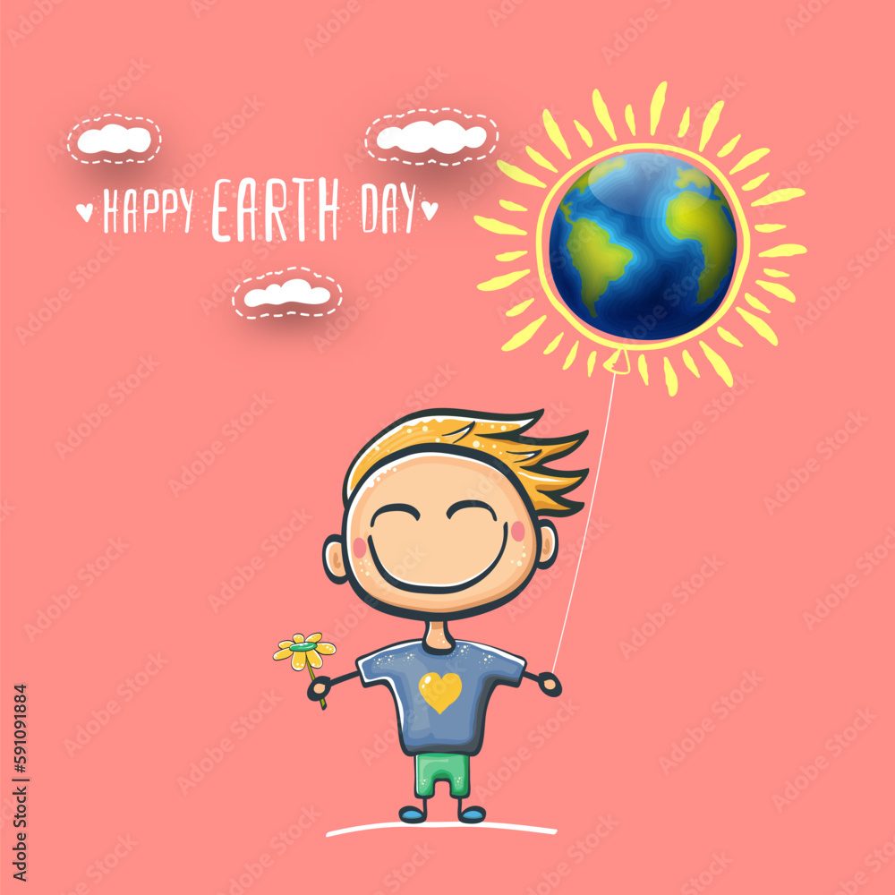 Cartoon earth day illustration or banner with little cute girl ...