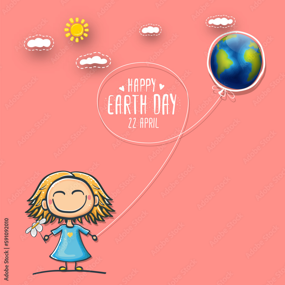 Cartoon earth day illustration or banner with little cute girl ...