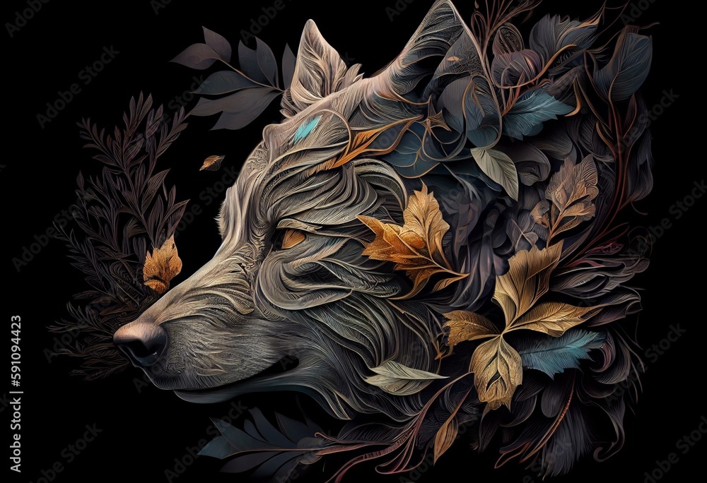 wolf's head with leaves on a black background with mucha and art ...