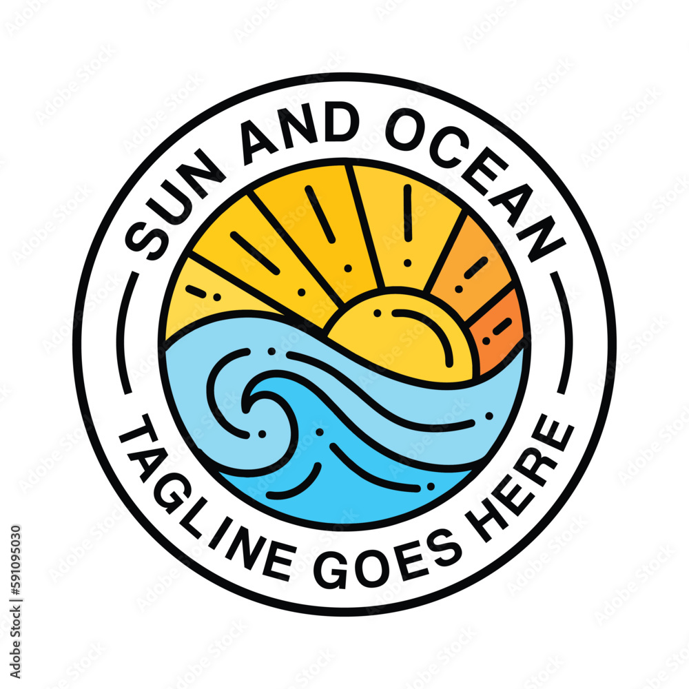 Ocean Wave Monoline Logo Vector Vintage Emblem Design badge ...