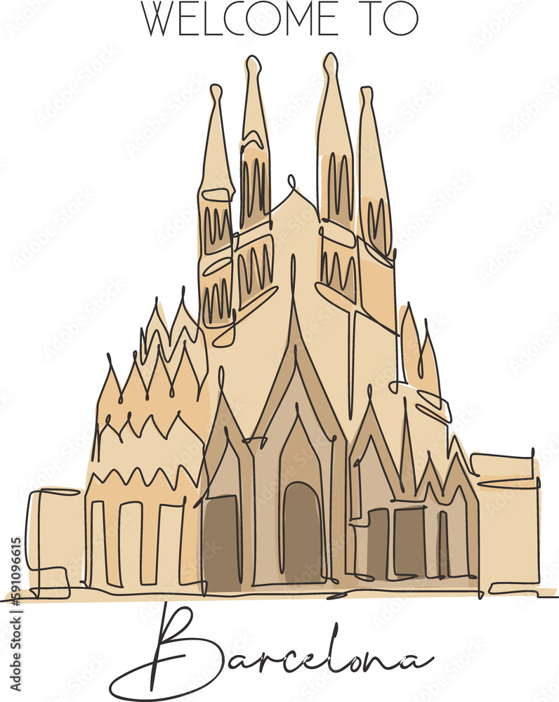 One single line drawing of welcome to Basilica de la Sagrada Familia ...