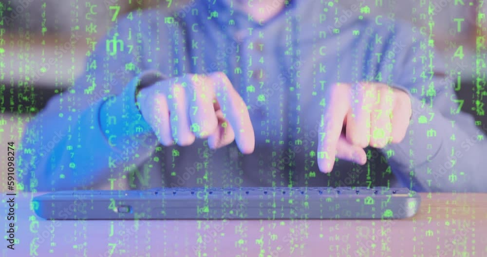 Man types on keyboard only with index fingers. Front view, blue-red ...