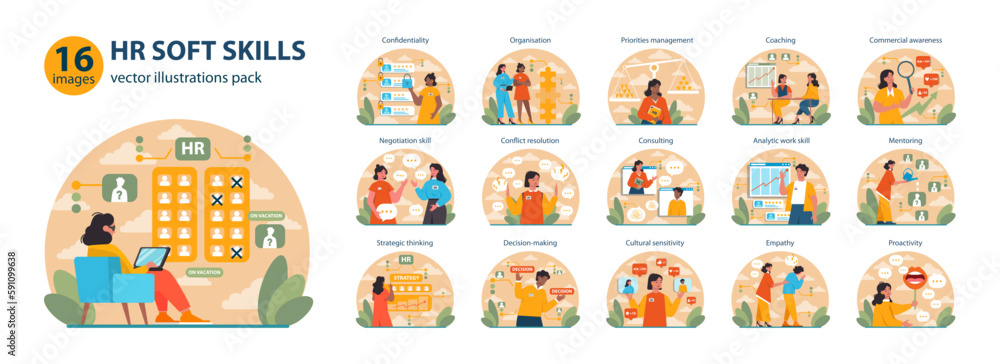 Vetor de Human resources manager soft skills set. HR agent competencies ...