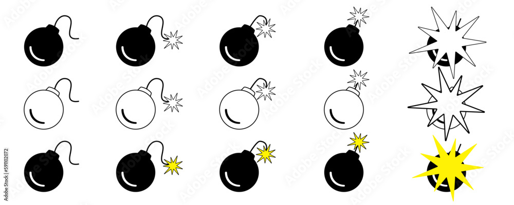 Vector set of bomb and oppression icons. Detonation or explosion from a ...