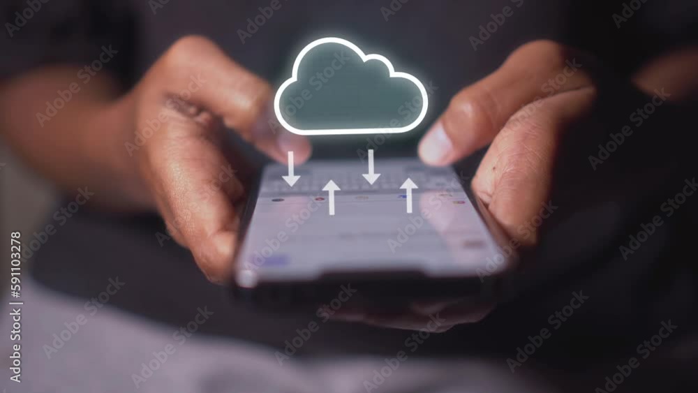 Woman Using Her Phone With Data Being Synchronized To Cloud Computing