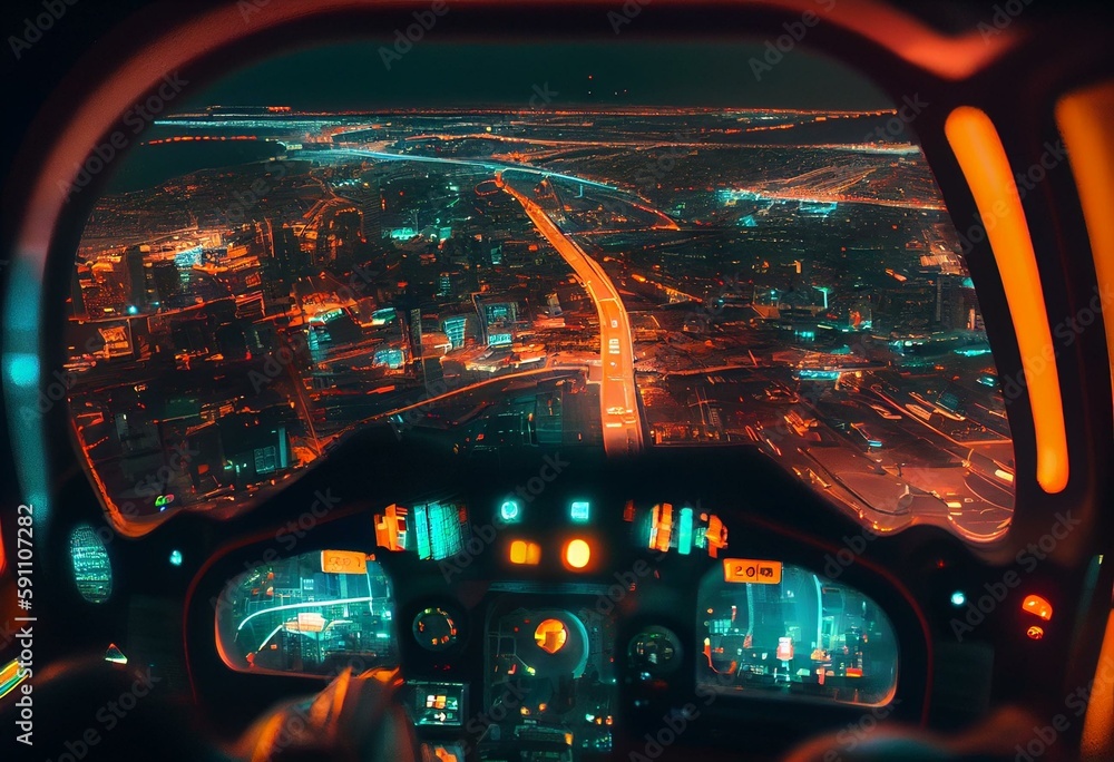 Bird's eye view of a neon city from pilot's aircraft. Cockpit pov ...