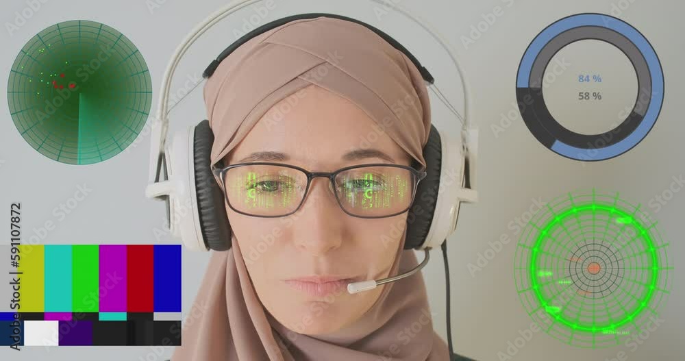 Gamer girl in hijab talking in headphones with microphone. Diagram ...