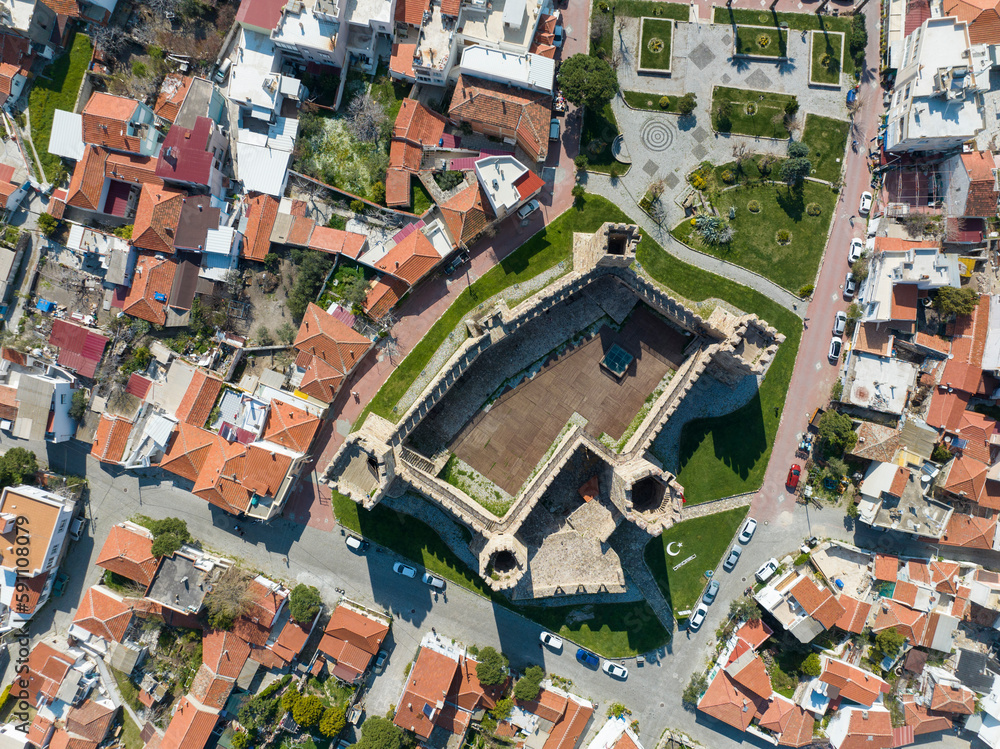 Ancient, old castle view with aerial drone. Now the castle in Candarli ...