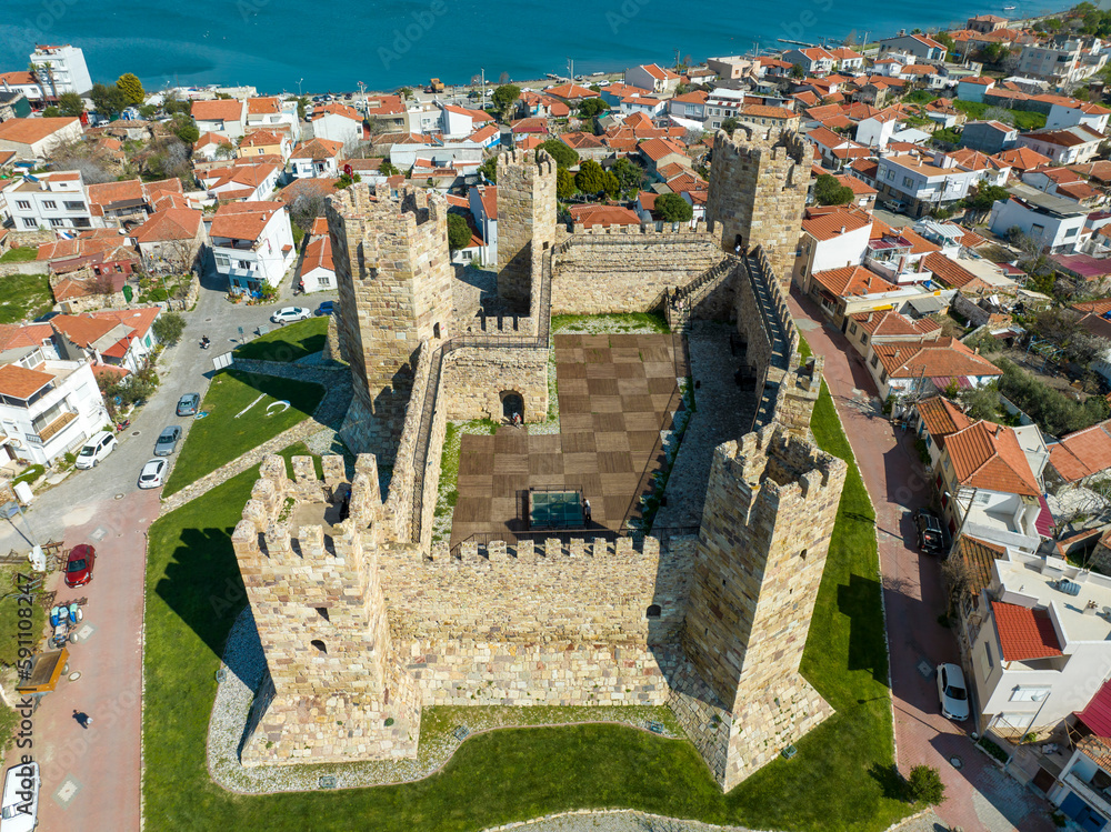 Ancient, old castle view with aerial drone. Now the castle in Candarli district of Izmir ...