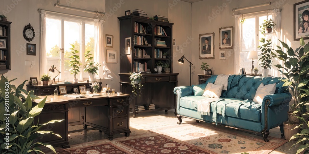 anime style background, interior of a living room, hotel room, home ...